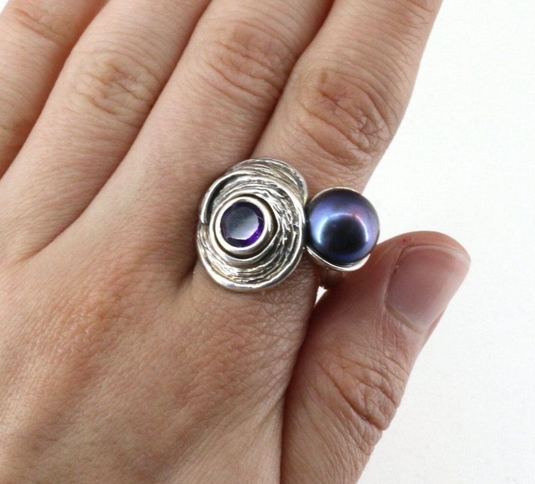Vintage Size 7 Hagit Gorali Israel Black Pearl & Amethyst Ring 925 ...