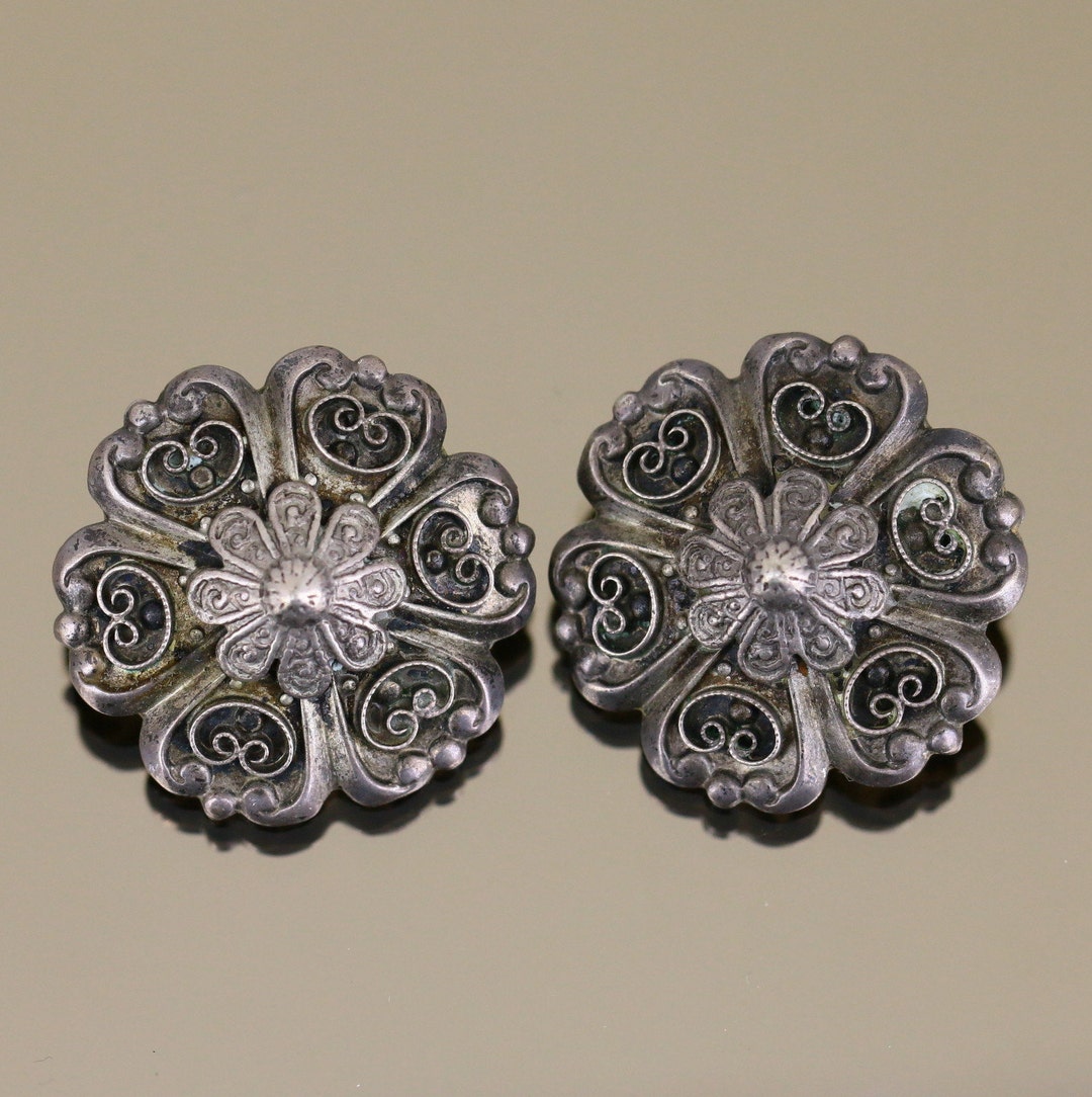 Vintage Sterling Silver Flower Clip on Earrings Beaded Floral Design ER ...