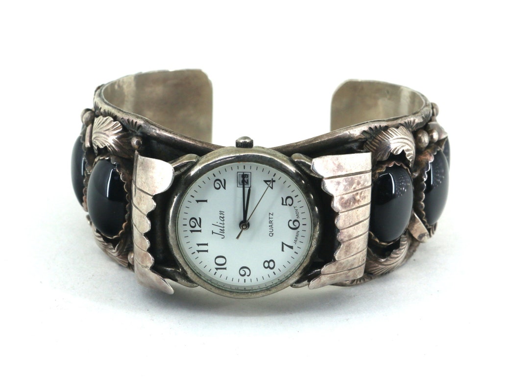Vintage Julian Southwestern Onyx Cuff Watch 925 Sterling Silver OT 42 ...