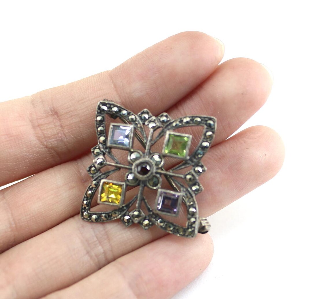 Vintage Clover Shape Shiny Marcasite Stones Multi Color Crystals CZ ...
