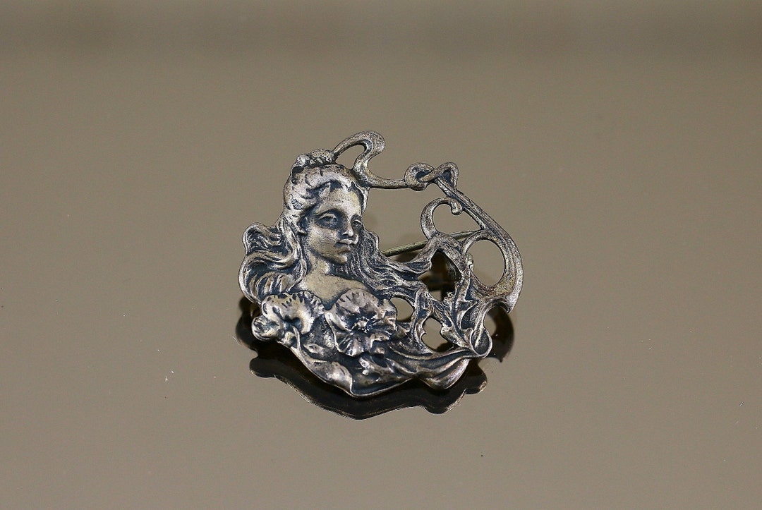 Vintage Art Nouveau Sterling Silver Lady Brooch, Floral Design - Etsy
