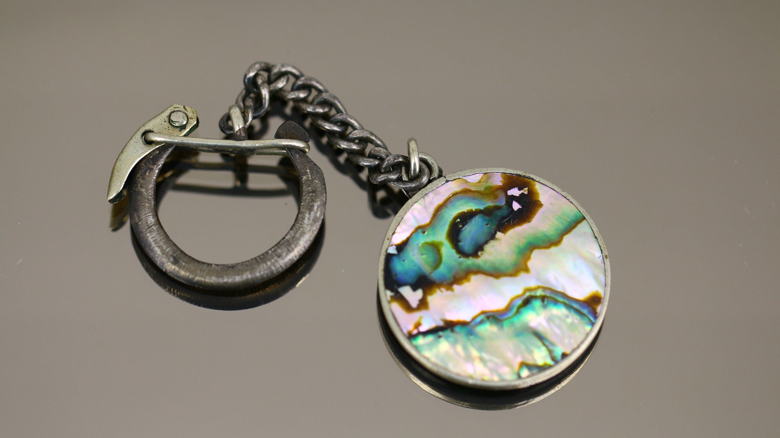Vintage Abalone Shell Round Tag Design Key Chain Holder 925 | Etsy