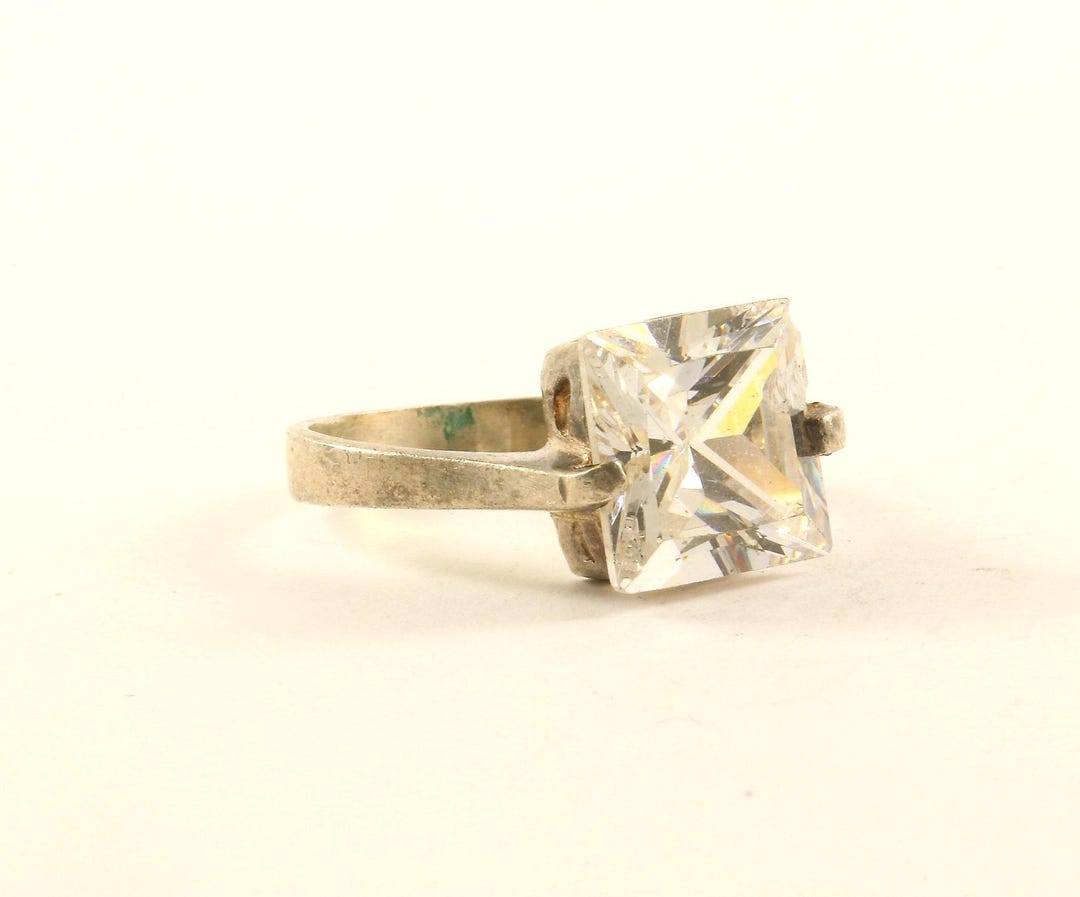 Vintage Princess Cut Square Crystal Cz Design Ring 925 Sterling Silver ...