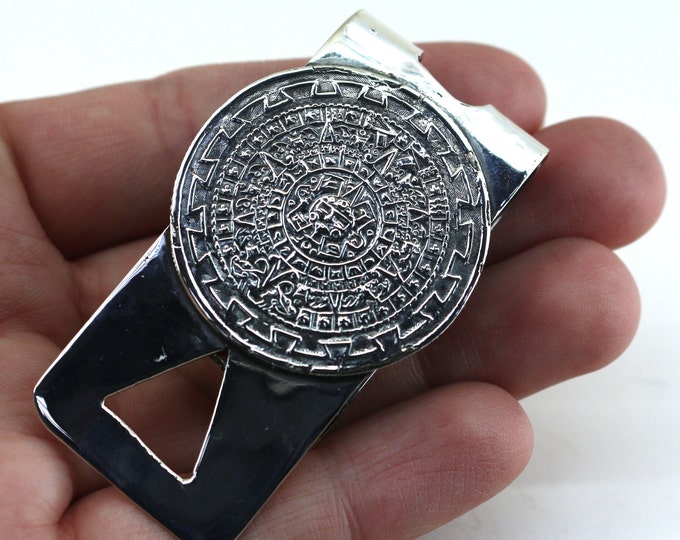 Vintage Mayan Aztec Sun Calendar Money Clip Holder 925 Sterling Silver ...