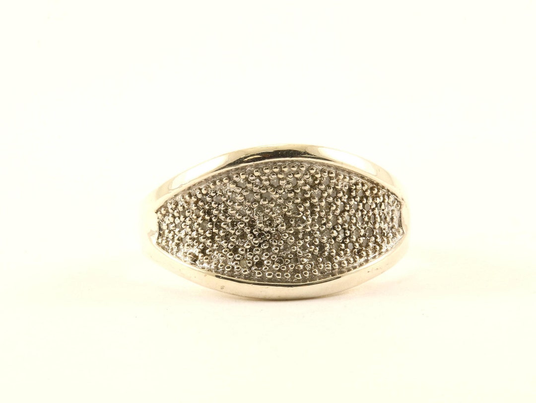 Vintage Size 10 Concave Design Natural Diamonds Inlay Ring 925 Sterling ...