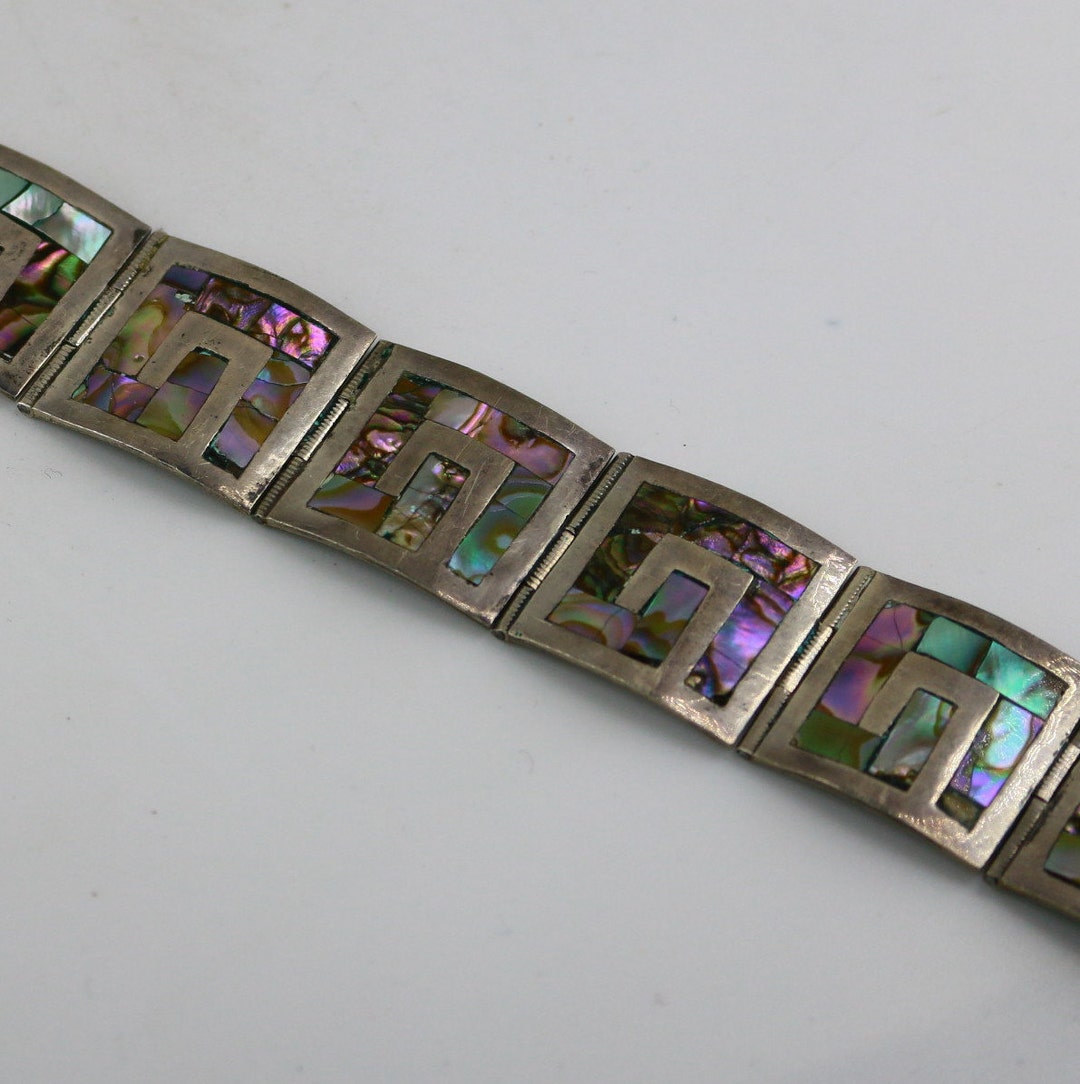 Vintage Beautiful Flat Bars Abalone Shell Aztec Design Bangle Bracelet ...