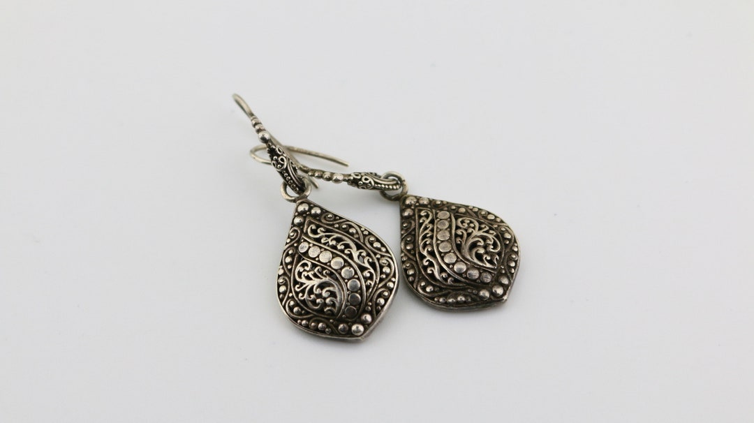 Vintage Sarda Teardrop Shape Scrolls Bead Beaded Thailand Design Drop Dangle Earrings Sterling ...
