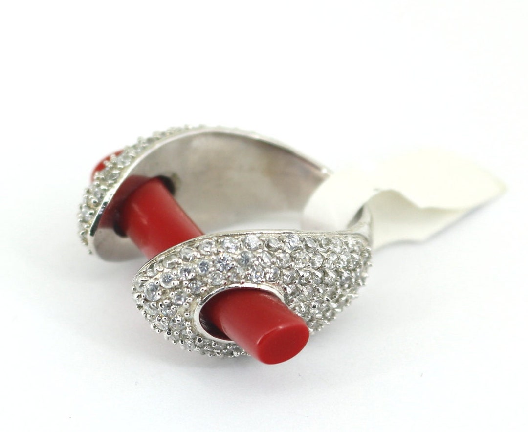 Vintage Red Enamel & White CZ Design Statement Cocktail Ring 925 ...