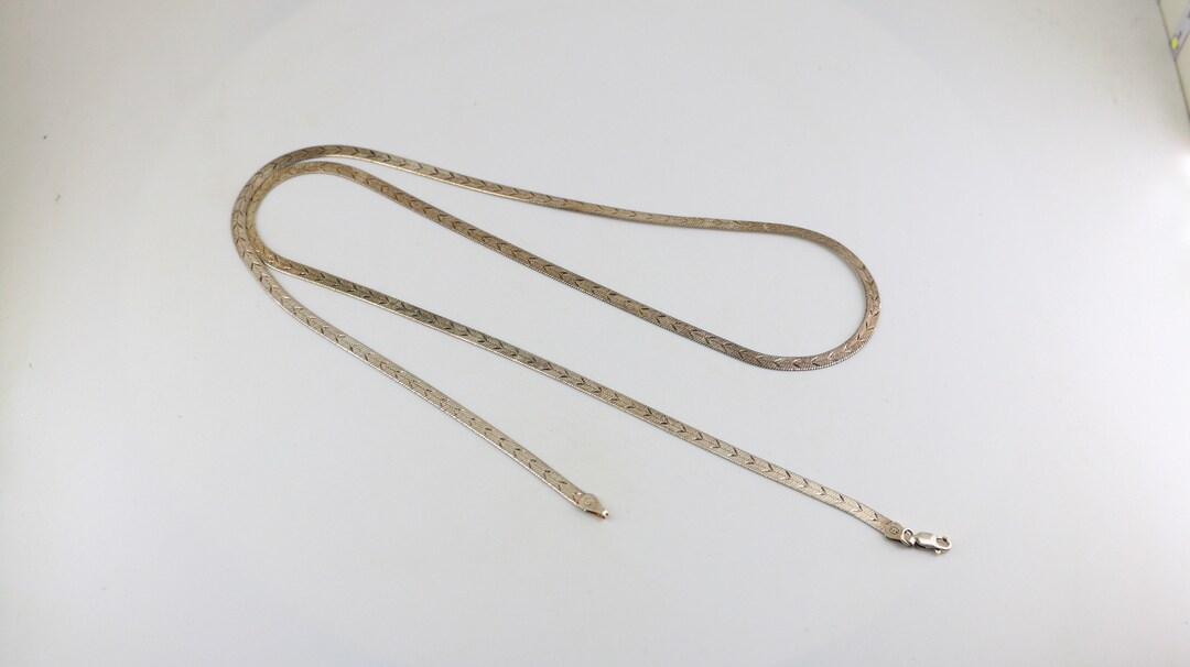 Vintage 30 Inch Flat Italy Shiny Herringbone Chain Design Necklace 925 ...