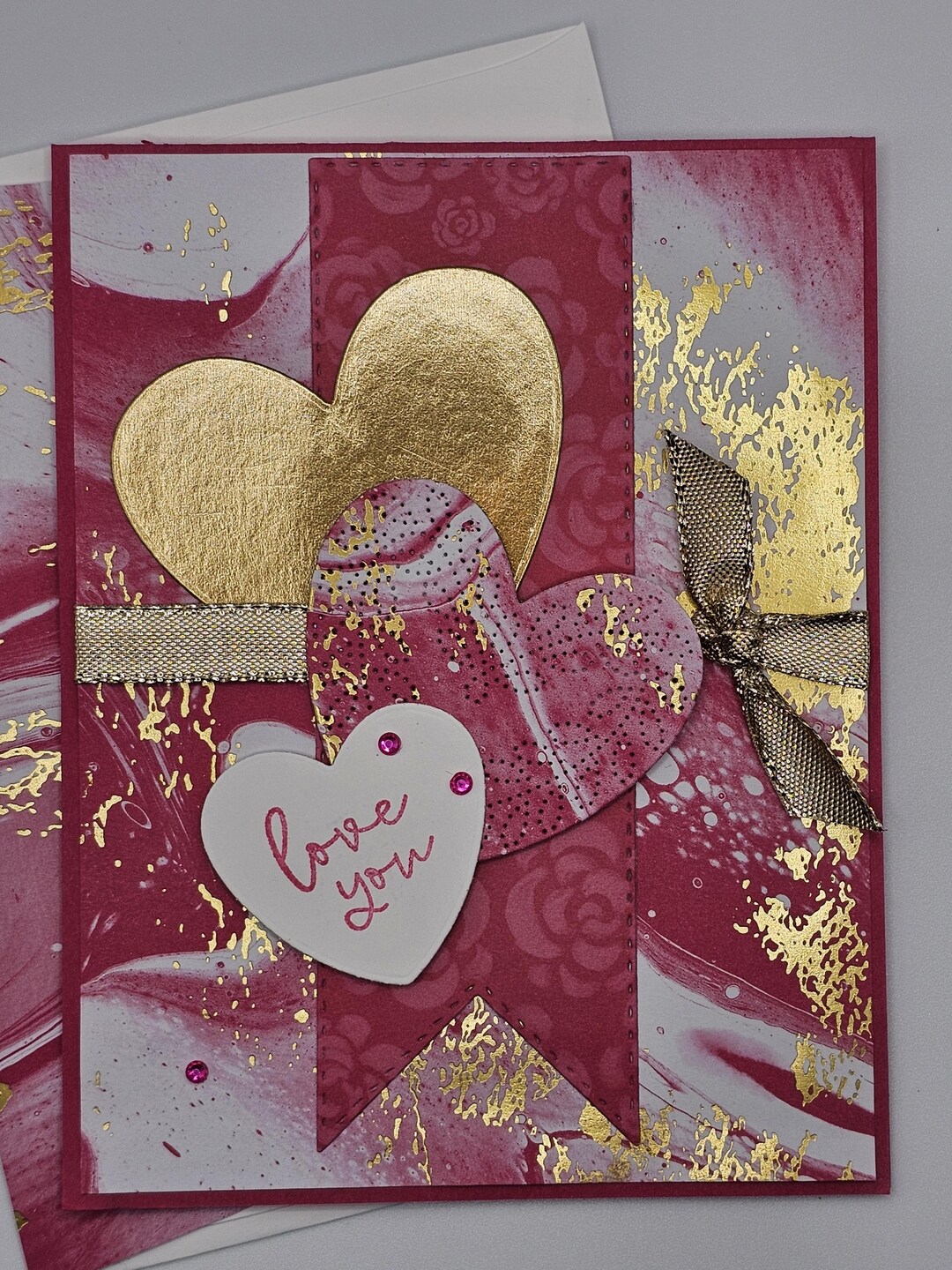 Pink and Gold Hearts - Handmade Valentines Day Greeting Card - Love You ...