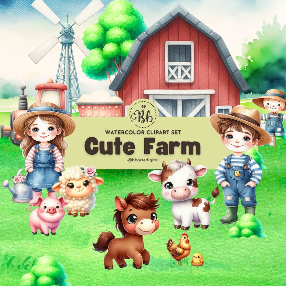 Cute Farm Clipart, Farm Animals Watercolor Digital Clipart, Farm ...