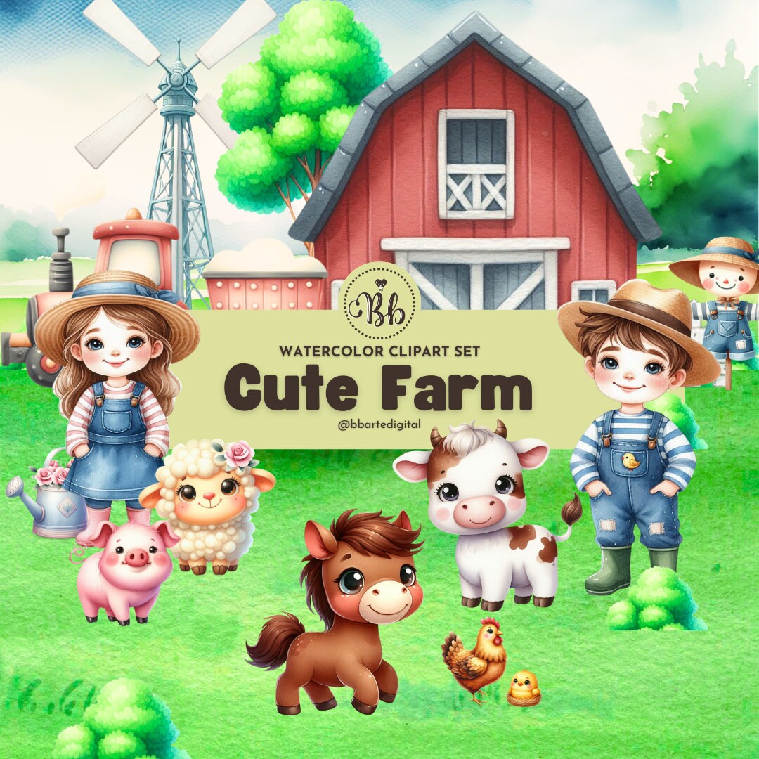 Cute Farm Clipart, Farm Animals Watercolor Digital Clipart, Farm ...
