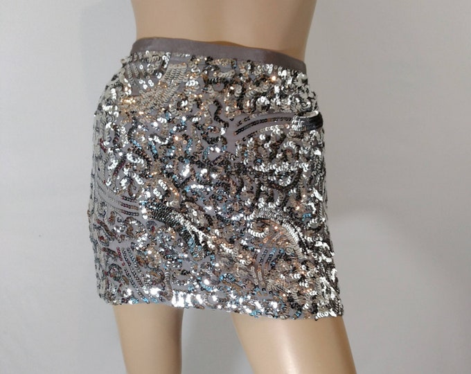 Silver Sequin Skirt Women's Disco Mini Skirt Sequins Grey Fabric ...