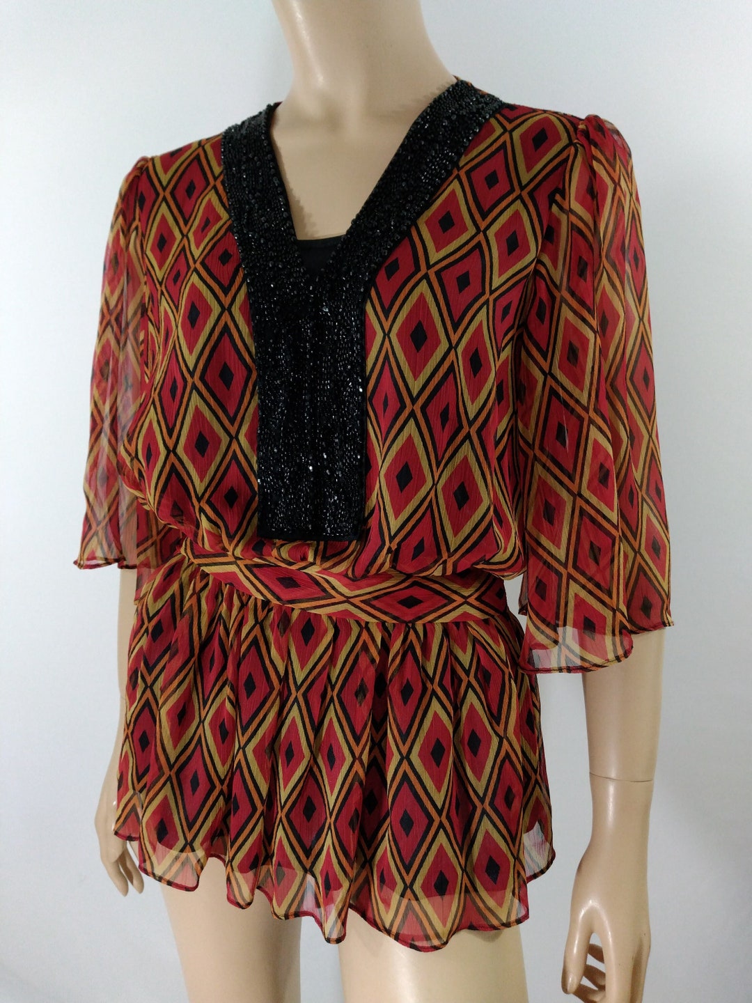 Women's Boho Top Half Sleeveless Red Orange Black Semi Sheer Beaded ...