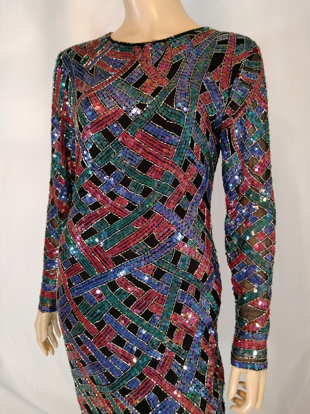 Vintage 80s Sequin Dress, Silk Beaded Party Gown, Size M - Etsy
