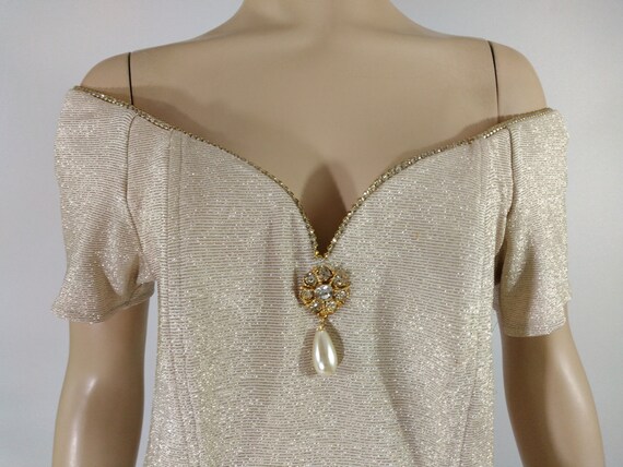 70's Women's Dress Semi Formal Metallic Gold Off-Shou… - Gem