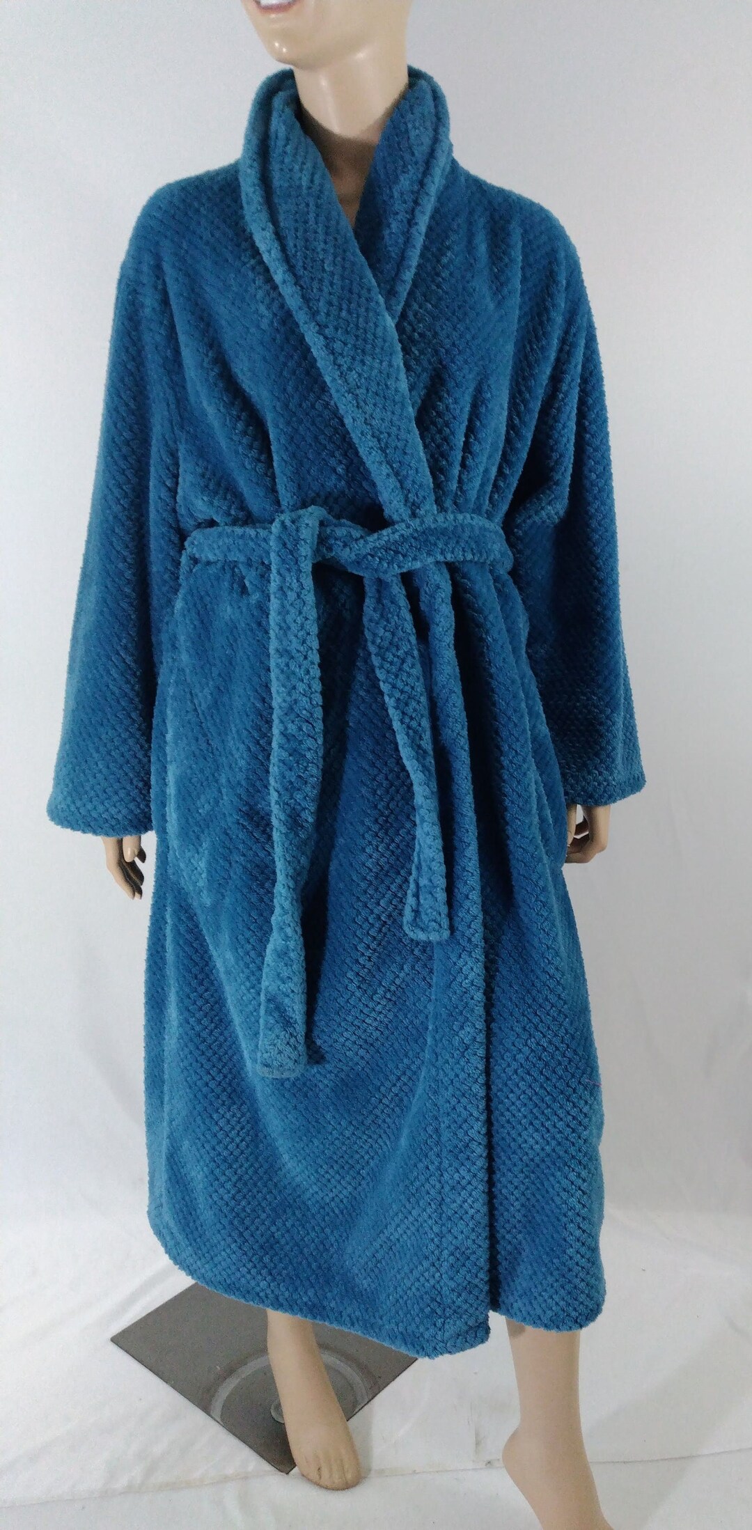 Women's Blue Robe Soft Thick Fuzzy Texture Warm Belt Pockets 3/4 Sleeve ...