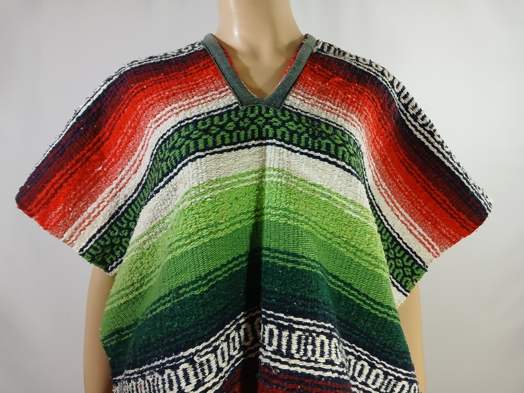 Mexican Poncho Authentic Heavy Black White Red Green Fringed Striped ...