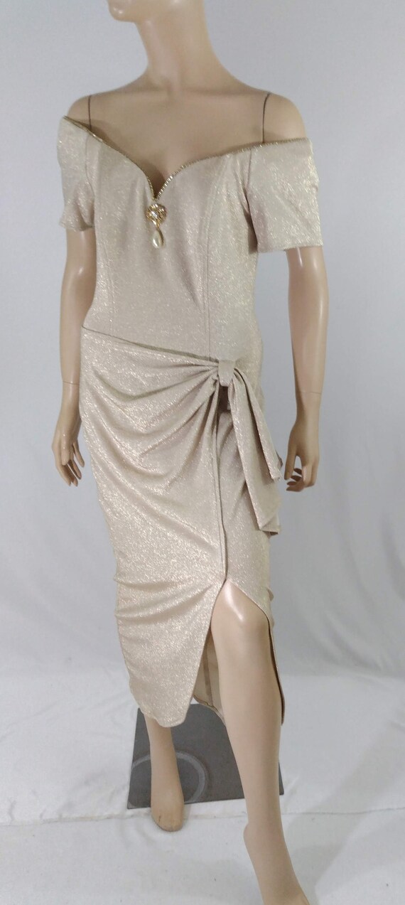 70's Women's Dress Semi Formal Metallic Gold Off-Shou… - Gem