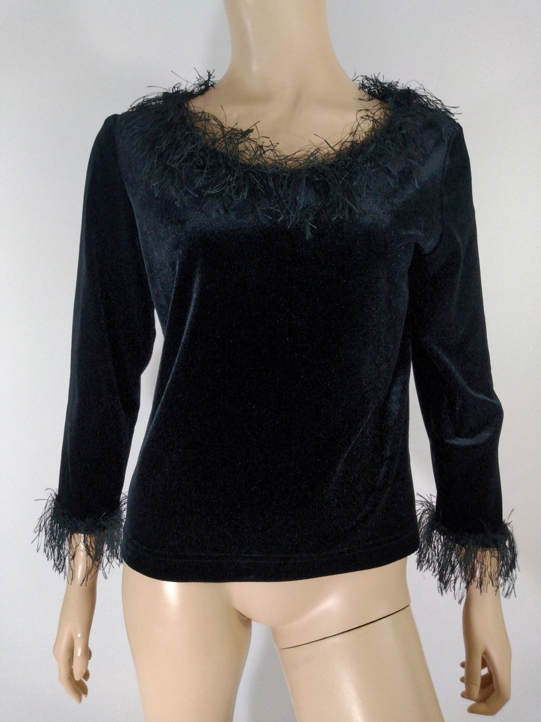 Black Velvet Top Women's 3/4 Sleeve Black Fringe Neckline Cuffs Stretch ...