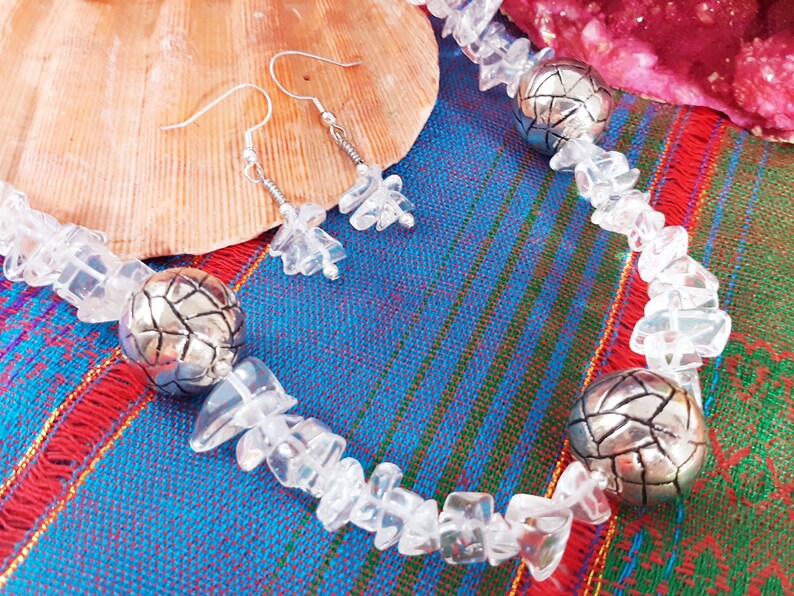 Handcrafted Quartz Necklace Earrings Set, Silver Tone Beads - Etsy