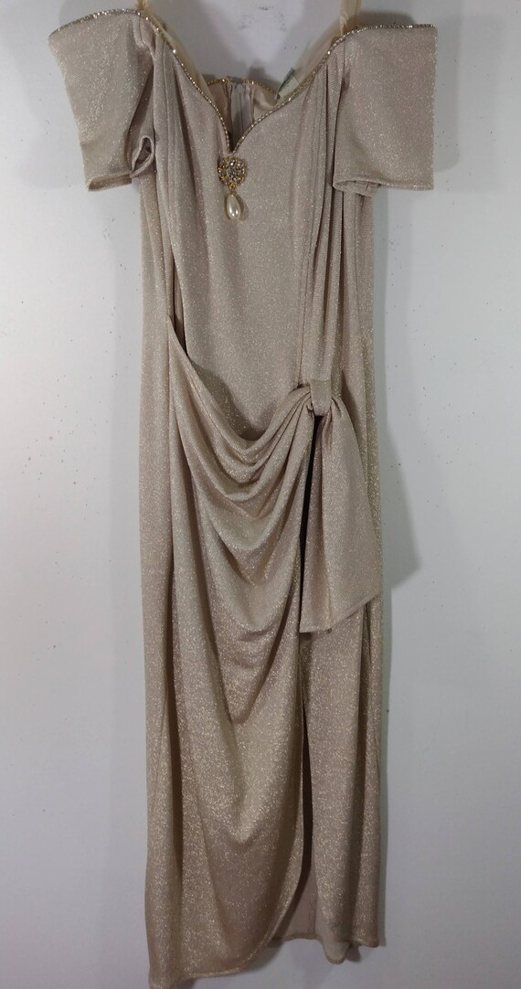 70's Women's Dress Semi Formal Metallic Gold Off-Shou… - Gem