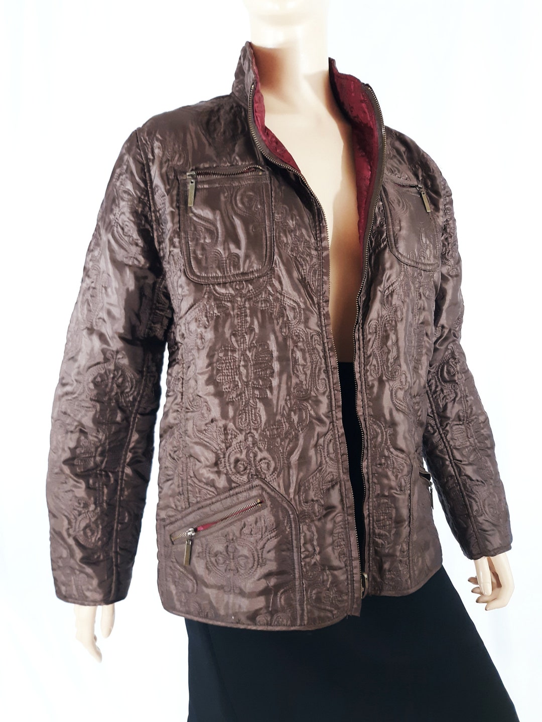 Women's Reversable Jacket Quilted Satin Brown Deep Red Zip Front ...