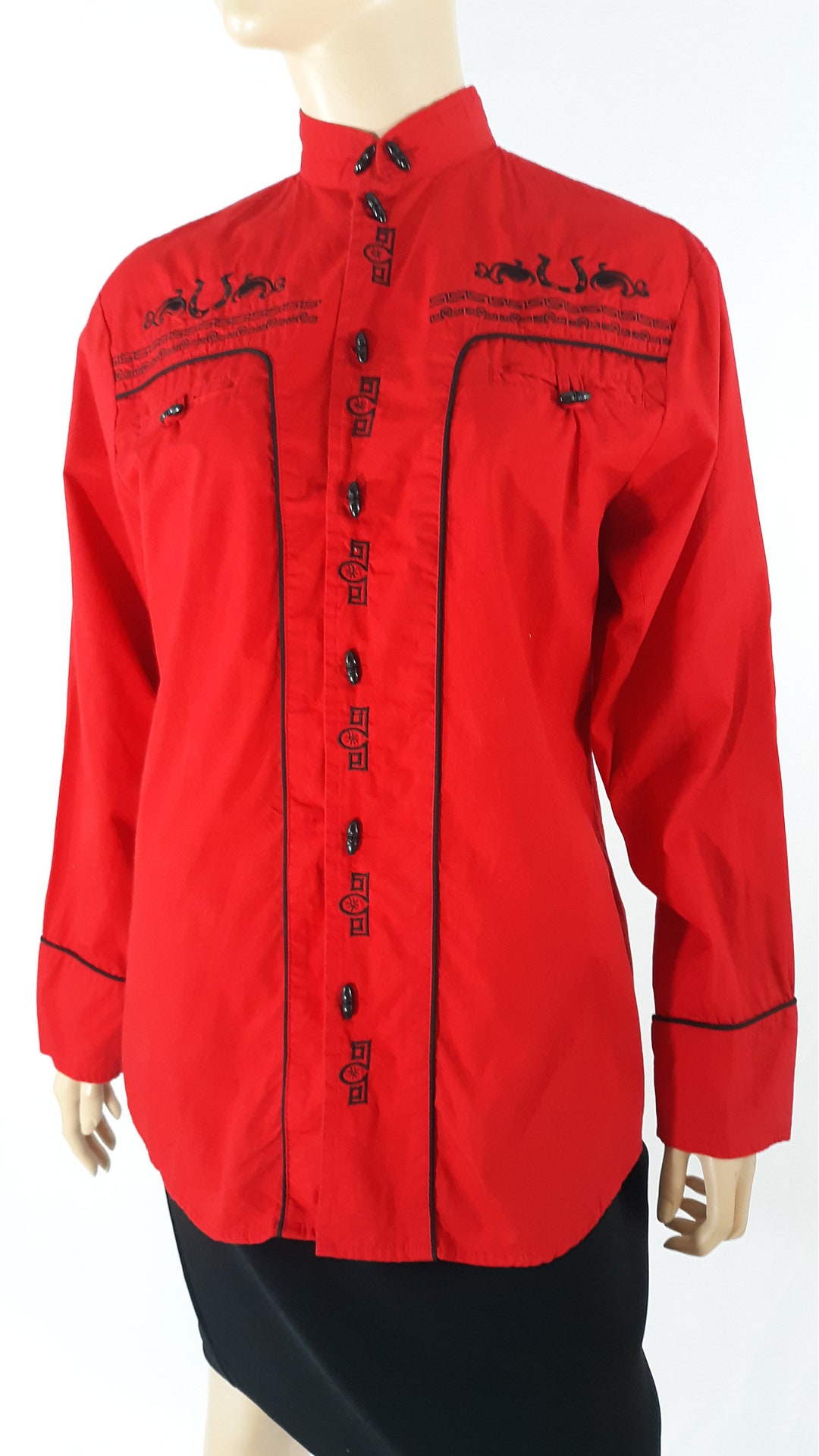 Women's Western Shirt 90's Red Black Embroidery Long Sleeve Cool Black ...