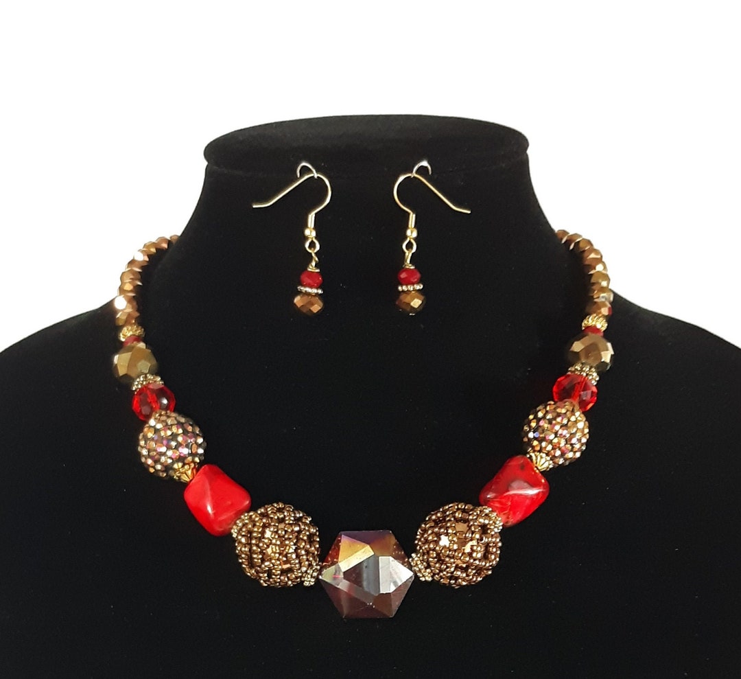 Red Jewelry Set Necklace Earrings Women's Handmade Artist Designed ...