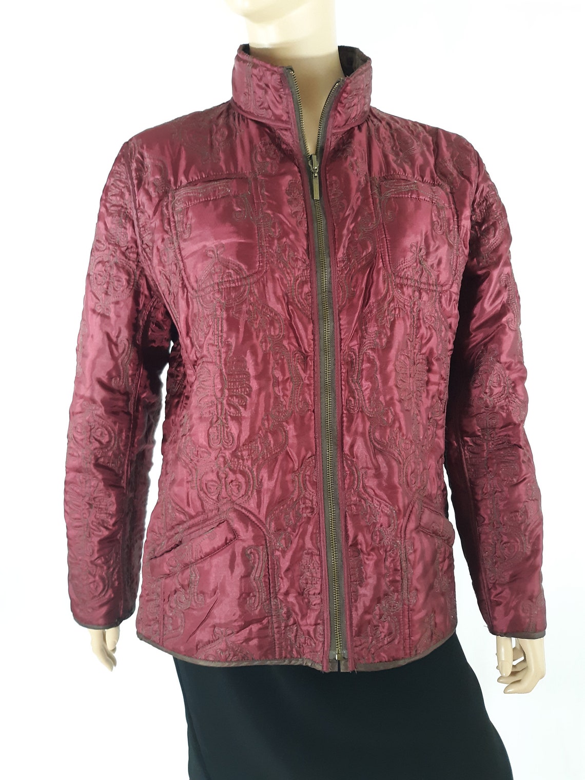 Women's Reversable Jacket Quilted Satin Brown Deep Red Zip - Etsy