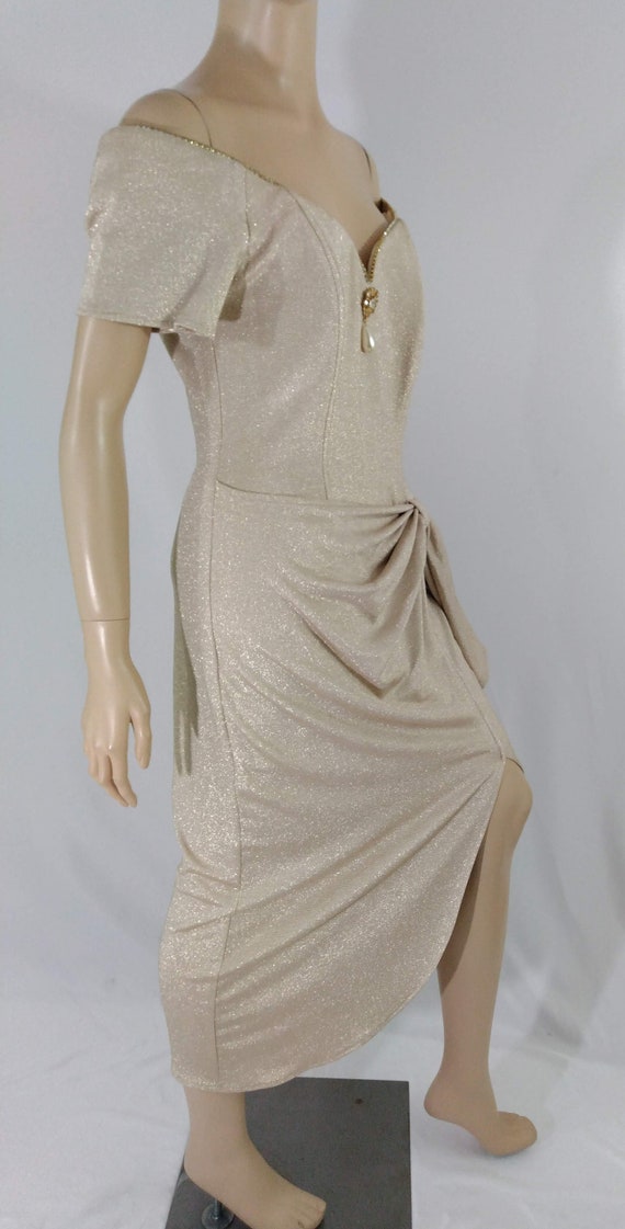 70's Women's Dress Semi Formal Metallic Gold Off-Shou… - Gem