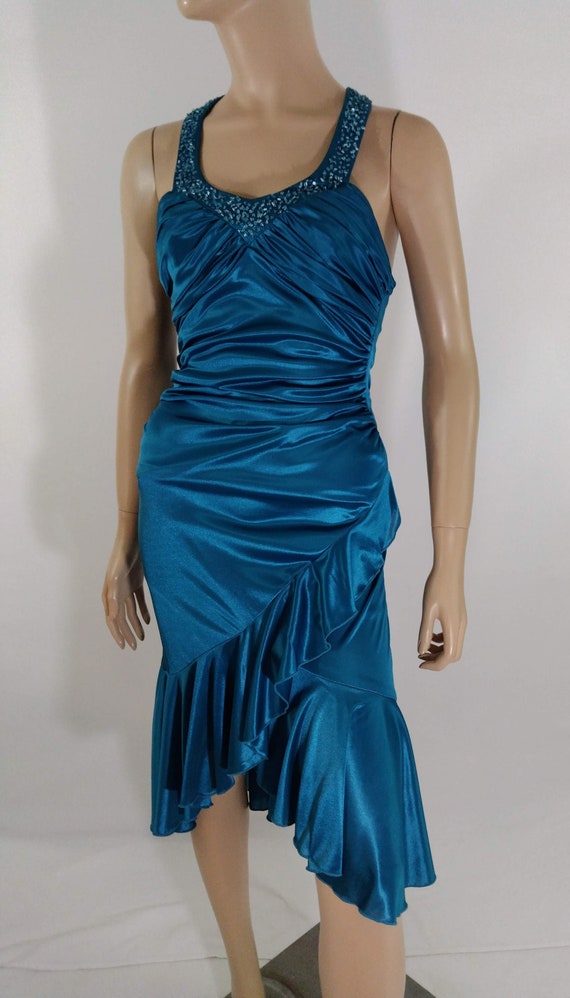 Women's Satin Dress Disco Prom Dress Teal Satin Beade… - Gem