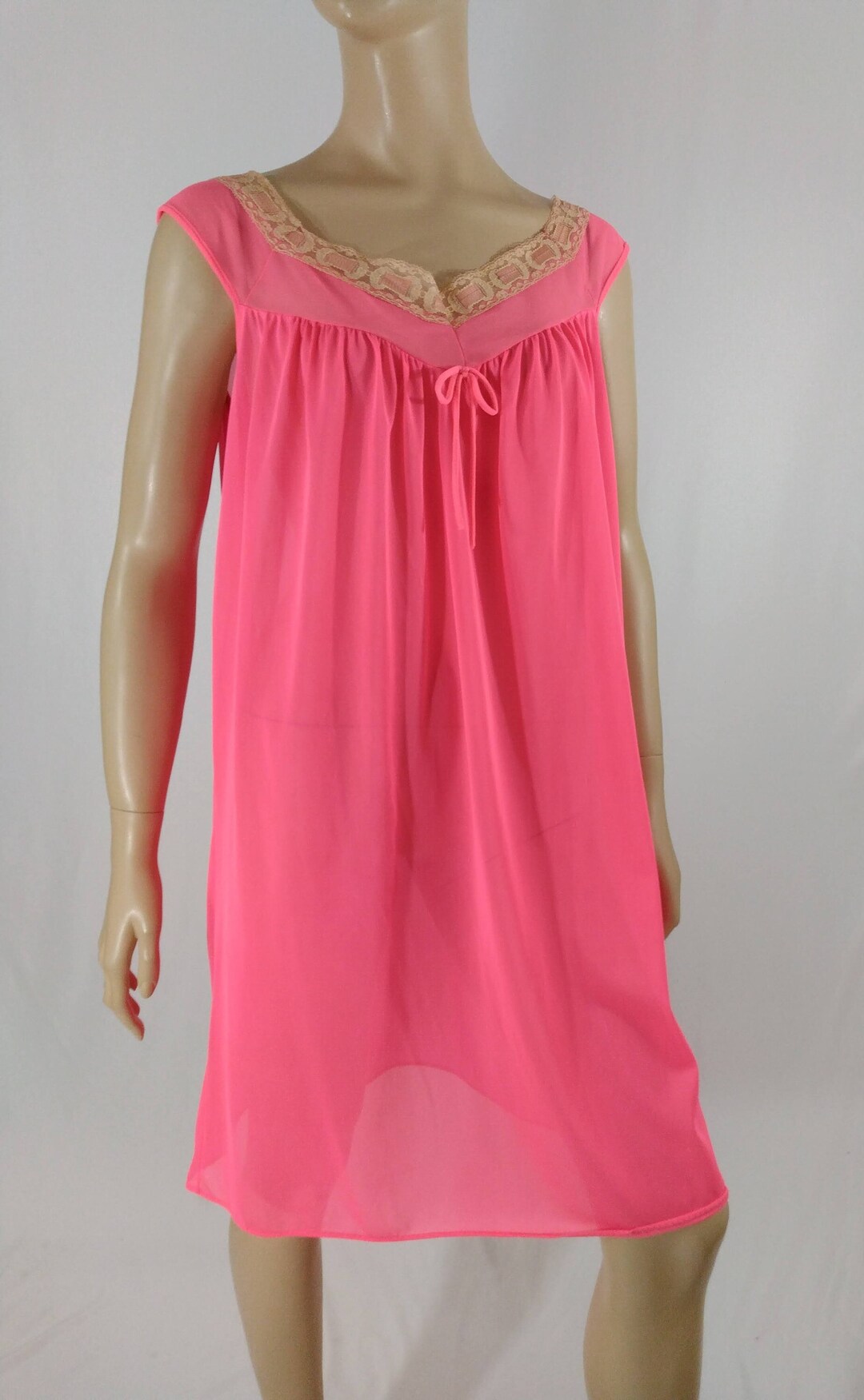 60's Night Gown Women's Nighty Neligee Neon Pink Lace Trim Sleeveless ...
