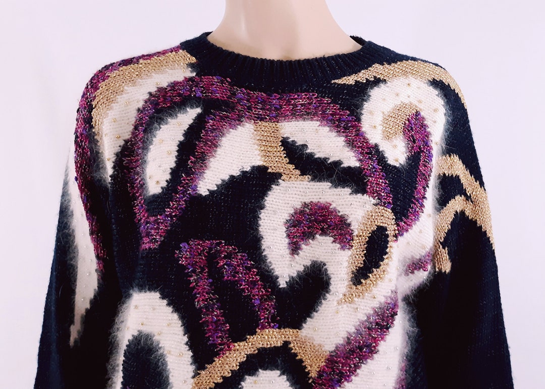 80s Fuzzy Swirl Sweater: Purple, Gold & Black Abstract Beaded Knit ...