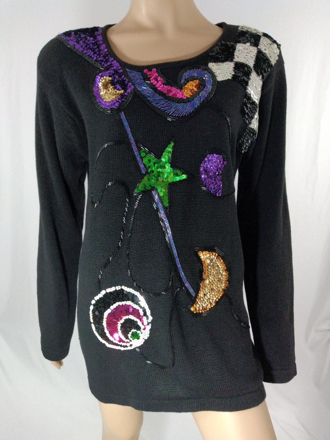 Women's Beaded Sweater 80's Black Long Sleeve Colorful Abstract Art ...