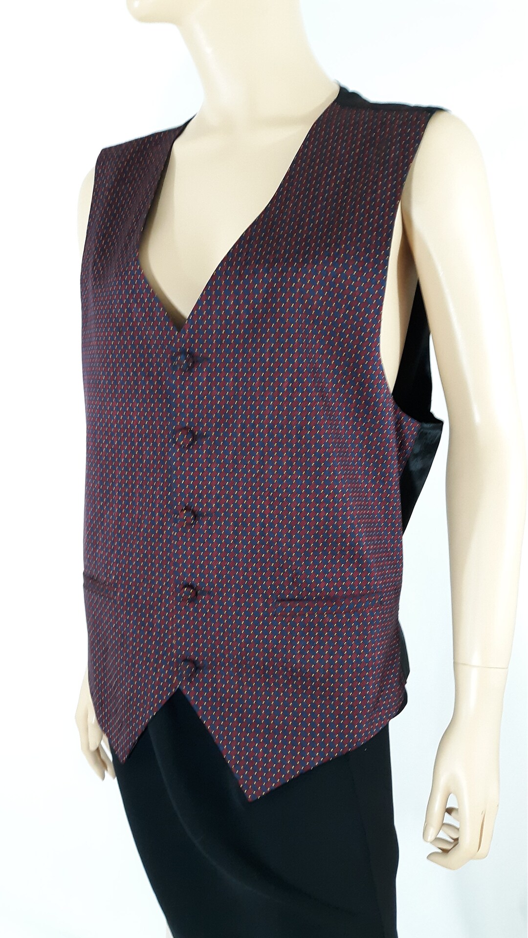 Vintage Patterned Vest, Blue Red, Fabric Buttons, Size M - Etsy
