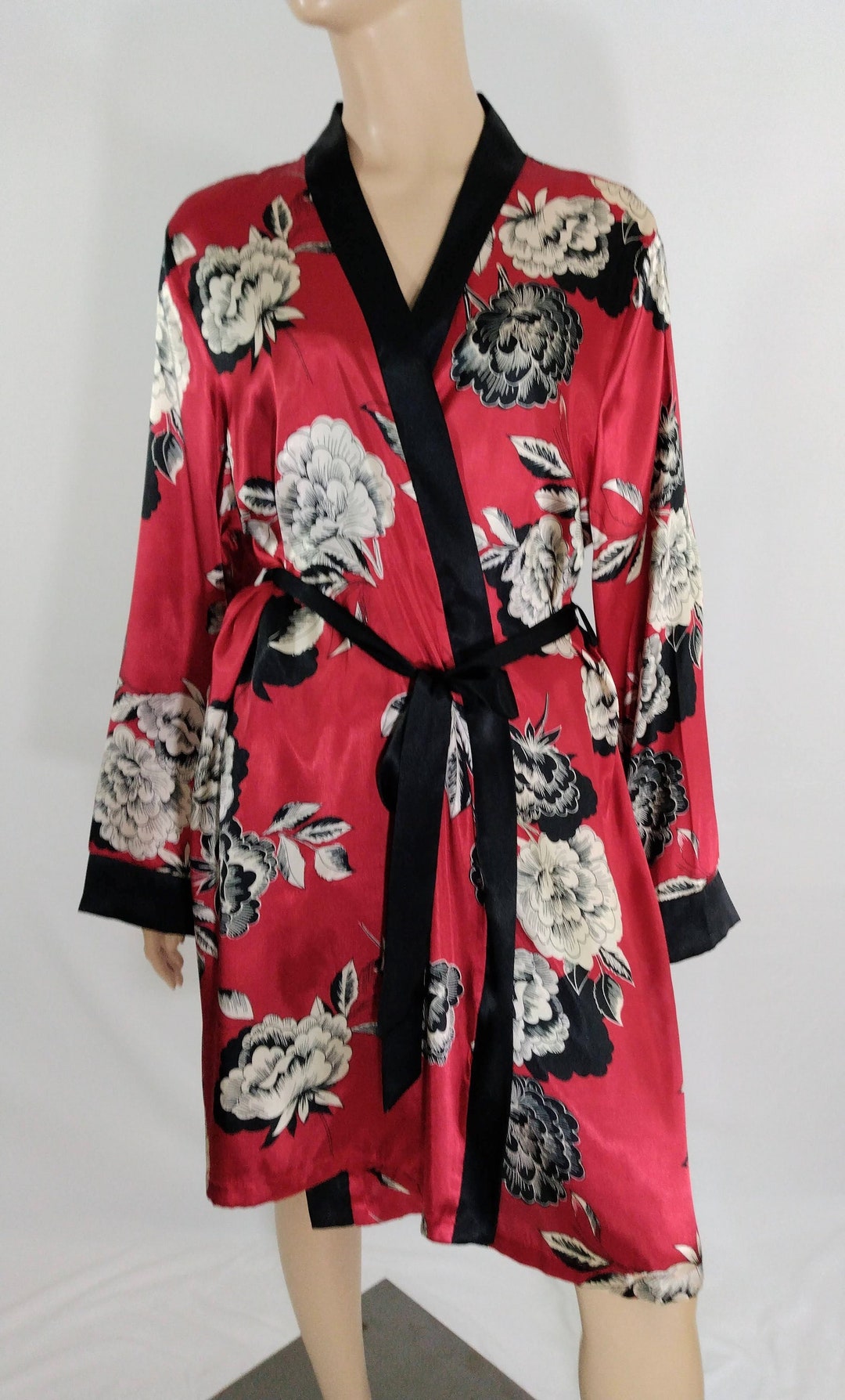 Women's Satin Robe Night Gown Set Black Red White Floral Black Lace ...
