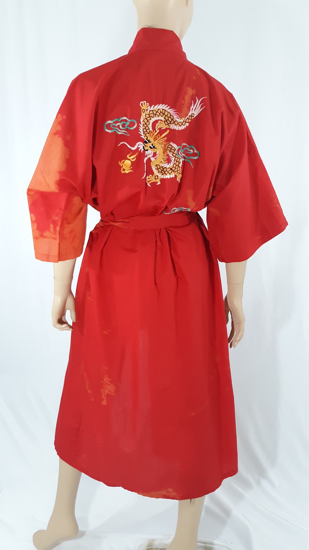 Dragon Kimono Robe Women's Mens Red Tie Dye Colorful Embroidered Dragon ...