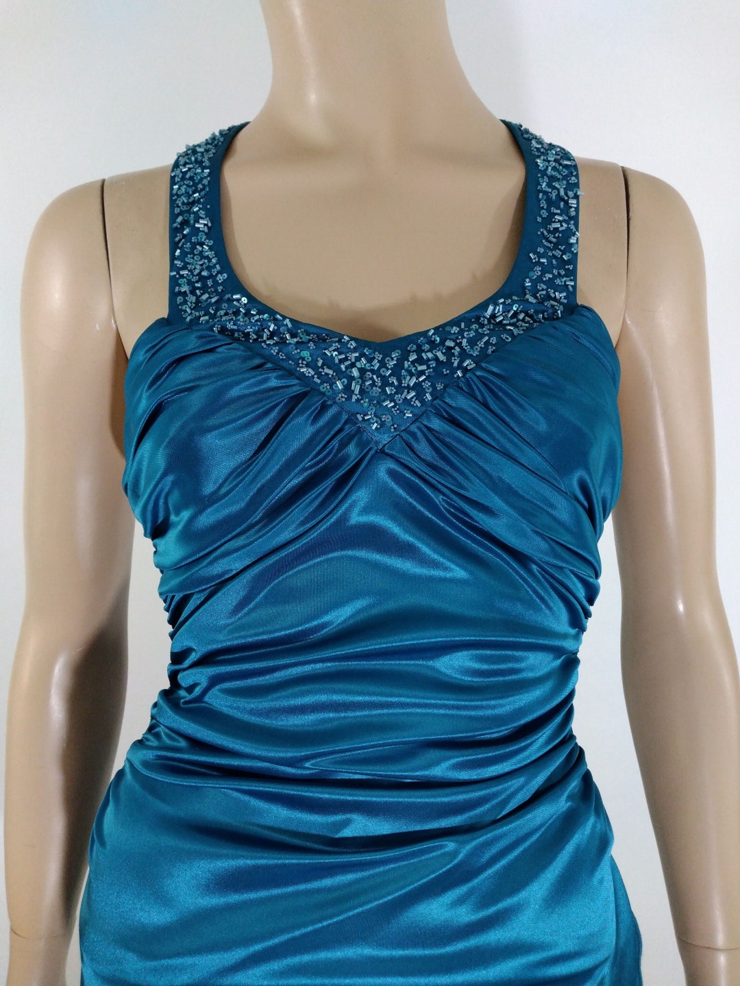 Women's Satin Dress Disco Prom Dress Teal Satin Beaded V Neckline ...