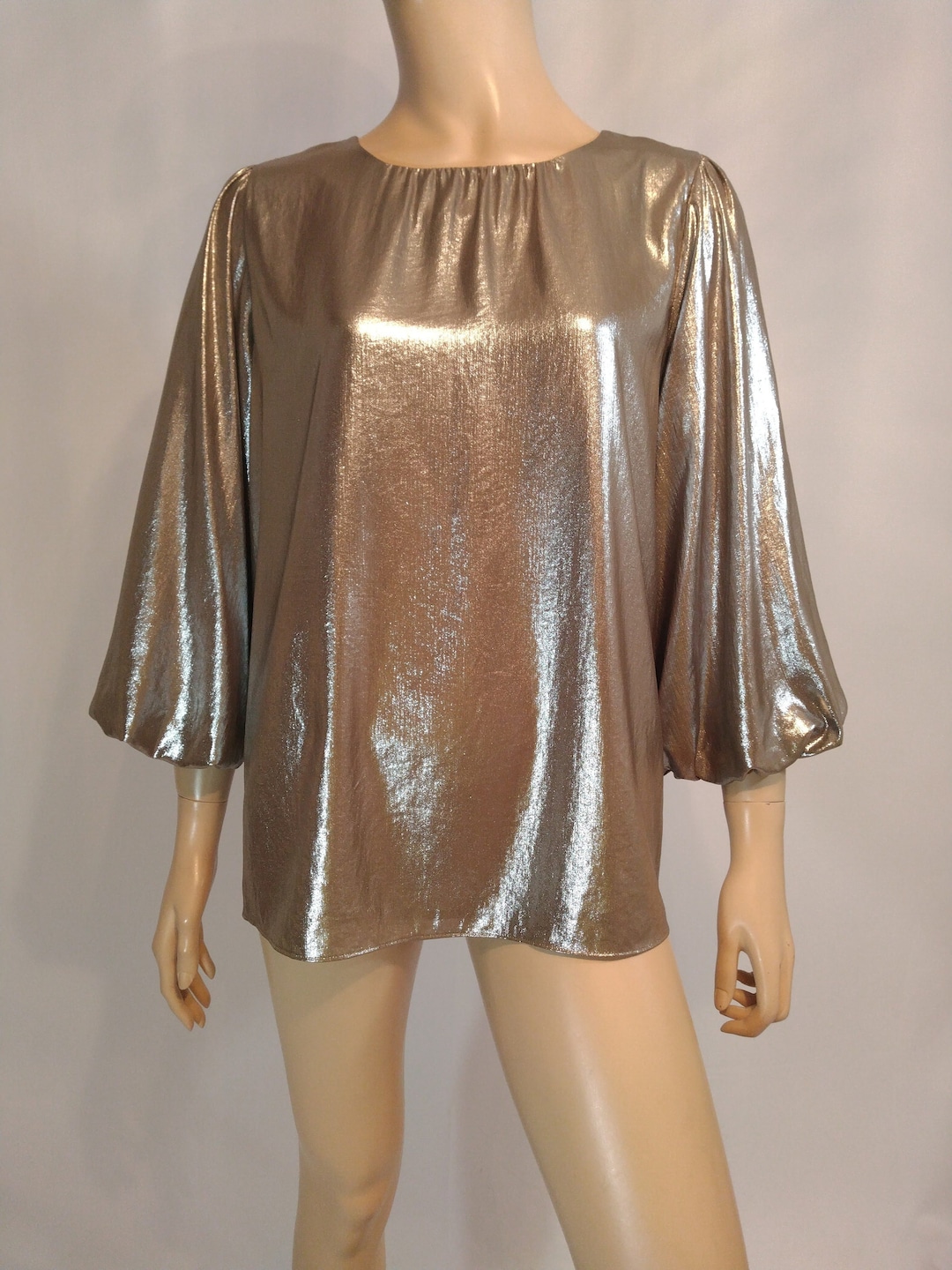 Women's Silver Blouse Disco 3/4 Baggy Sleeve Metallic Silver Brown ...