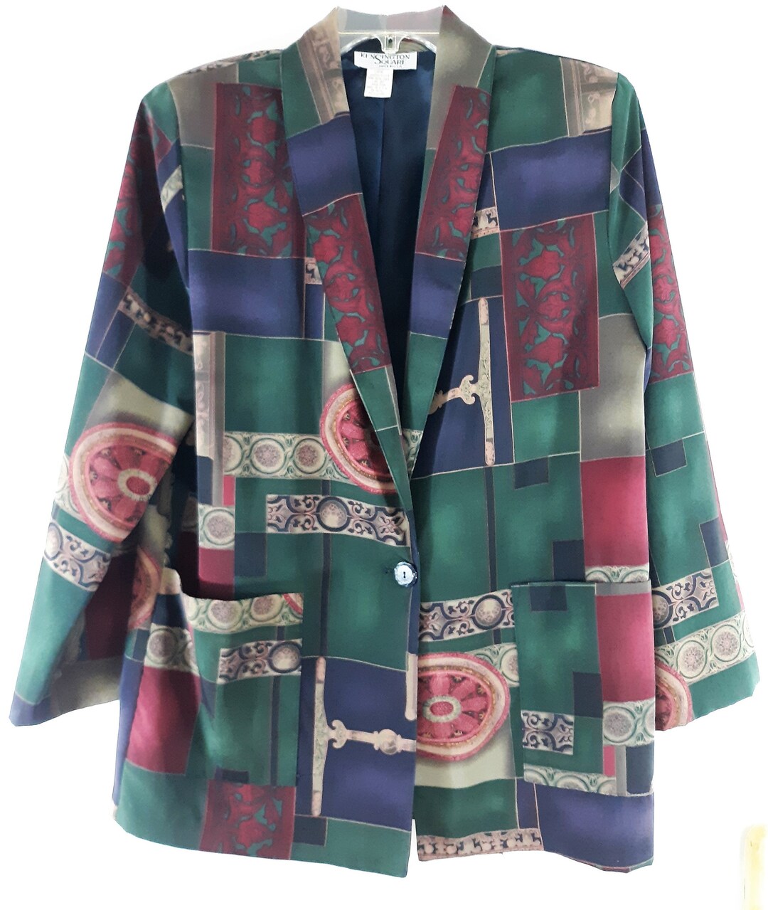Women's Blazer 80's Jacket Jewel Tone Geo Colorblock Artsy Purple Green ...