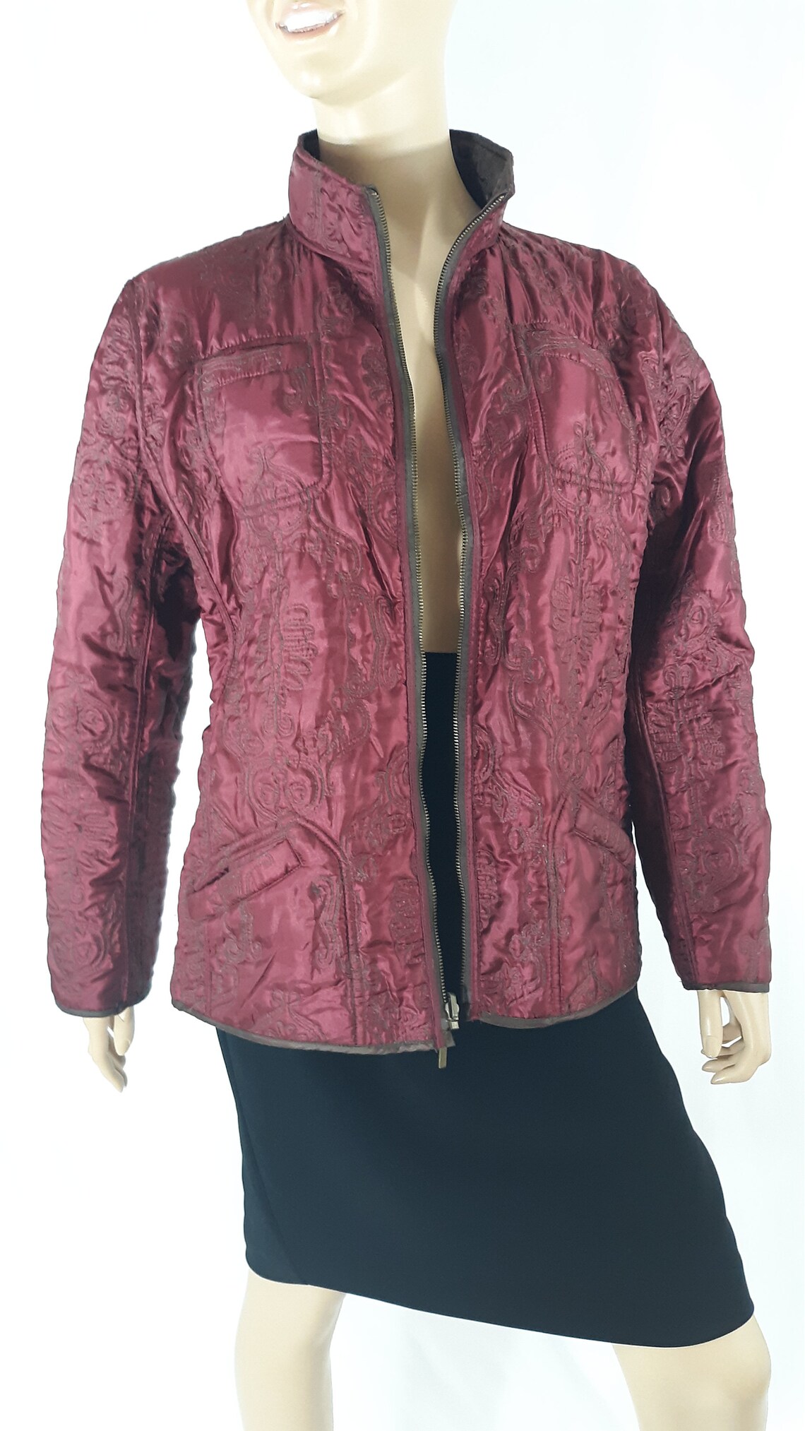 Women's Reversable Jacket Quilted Satin Brown Deep Red Zip - Etsy