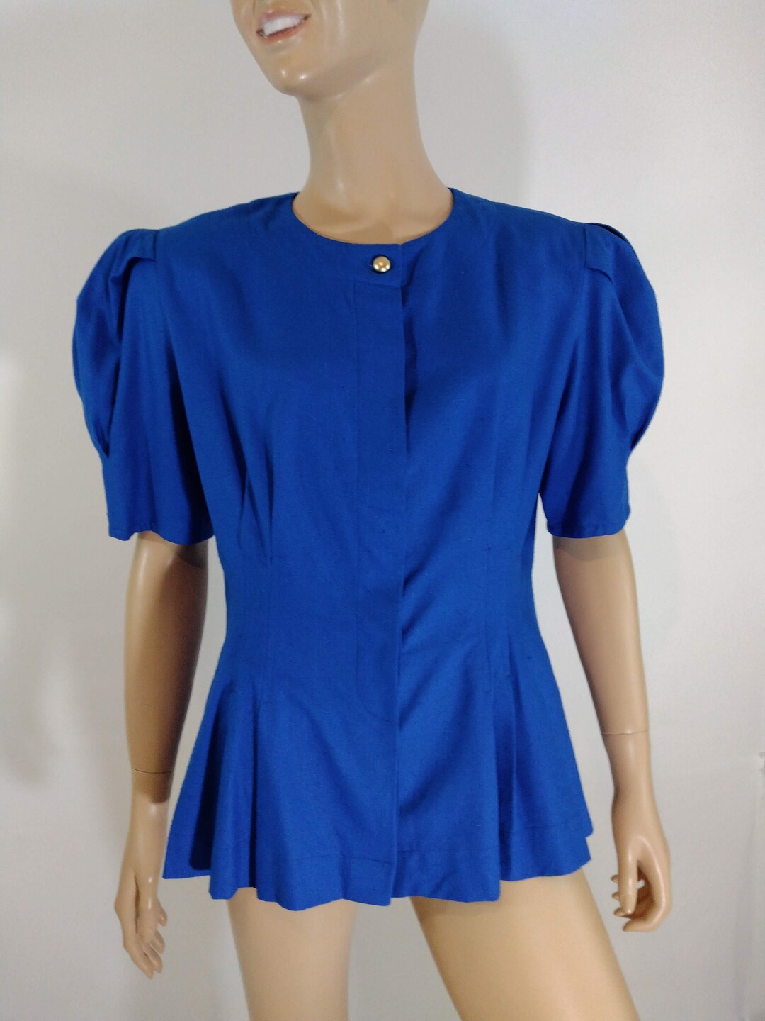 80's Women's Top 1940's Style Huge Puffy Half Sleeve Blue 100% SILK ...