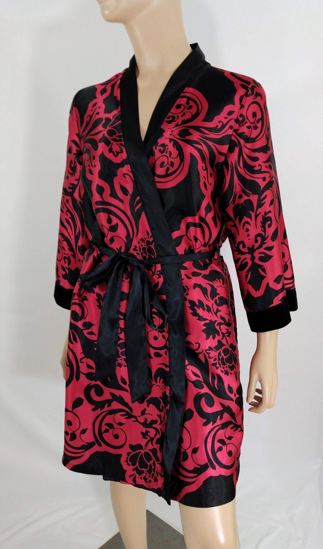 Women's Satin Robe Women's Red Black Abstract Floral 3/4 Velvet Cuffed ...