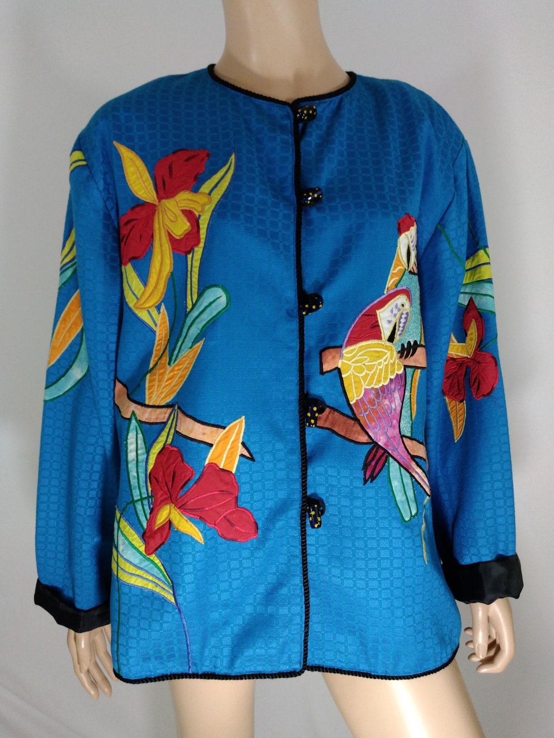 Colorful Parrot Jacket 80's Women's Blue Textured Colorful Embroidered ...
