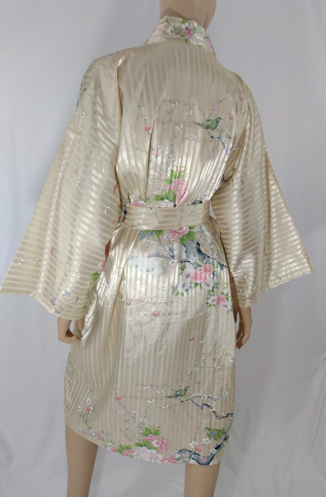 Japanese Satin Robe Women's Robe Cream Pink Floral Design Mid-length ...