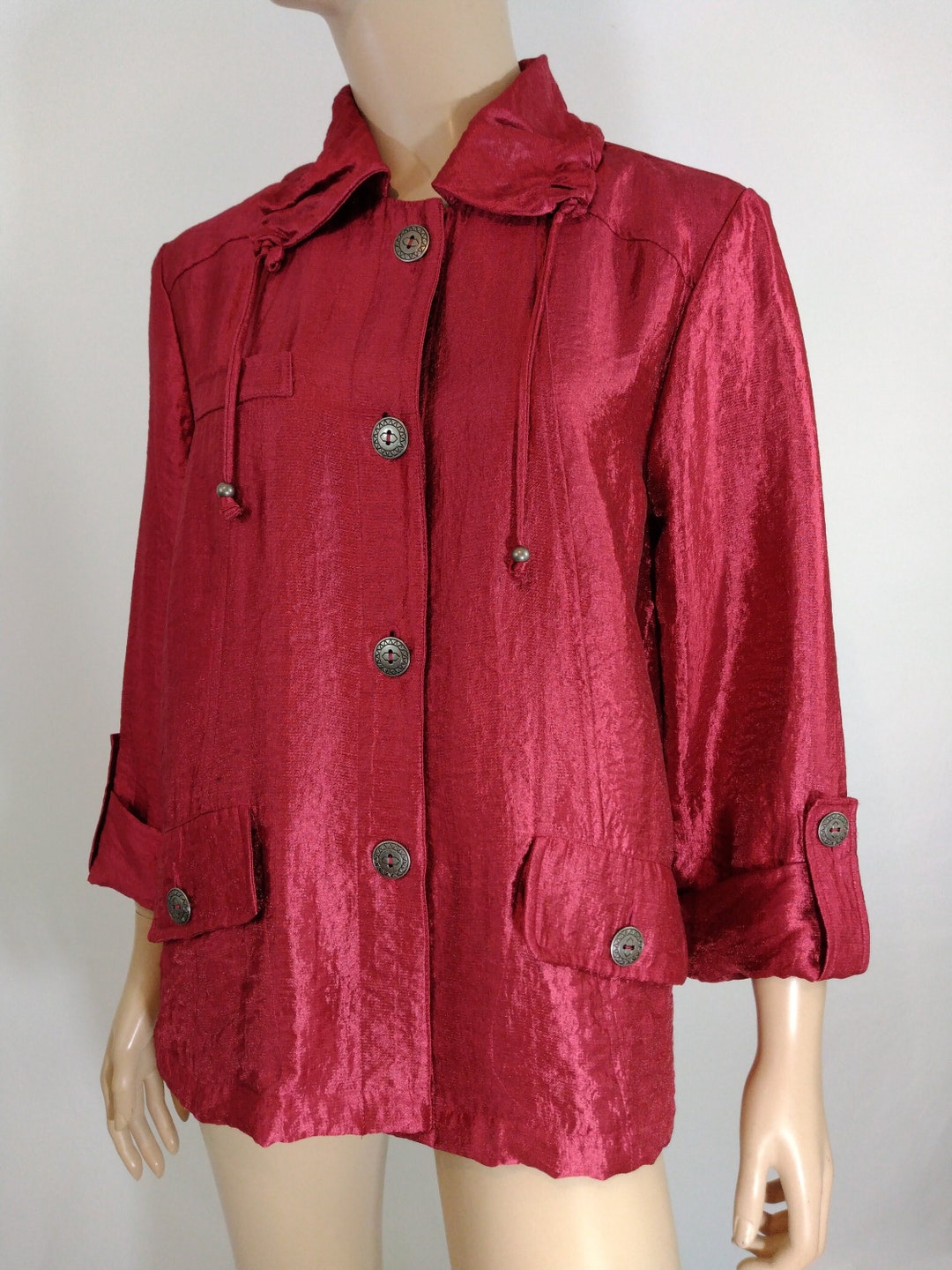 Women's Red Jacket Blazer Satiny Textured Red Adjustable Sleeve ...