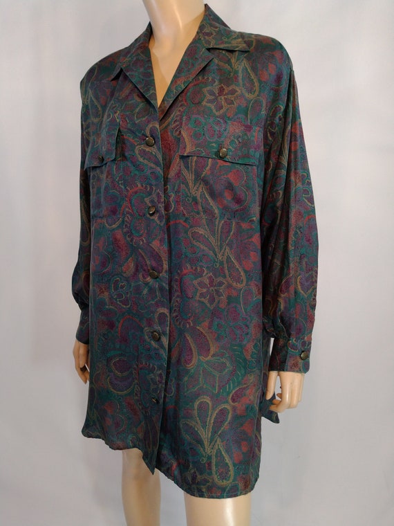 Women's Silk Blouse Dark Colors Abstract Floral Gold … - Gem