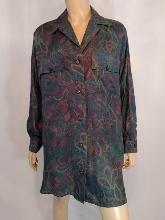 Women's Silk Blouse Dark Colors Abstract Floral Gold … - Gem