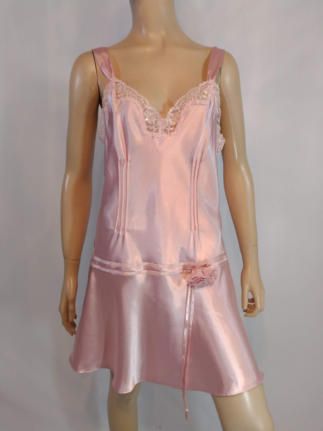 Pink Satin Nightgown Women's 1920's Style Lingerie Lace Pink Satin ...